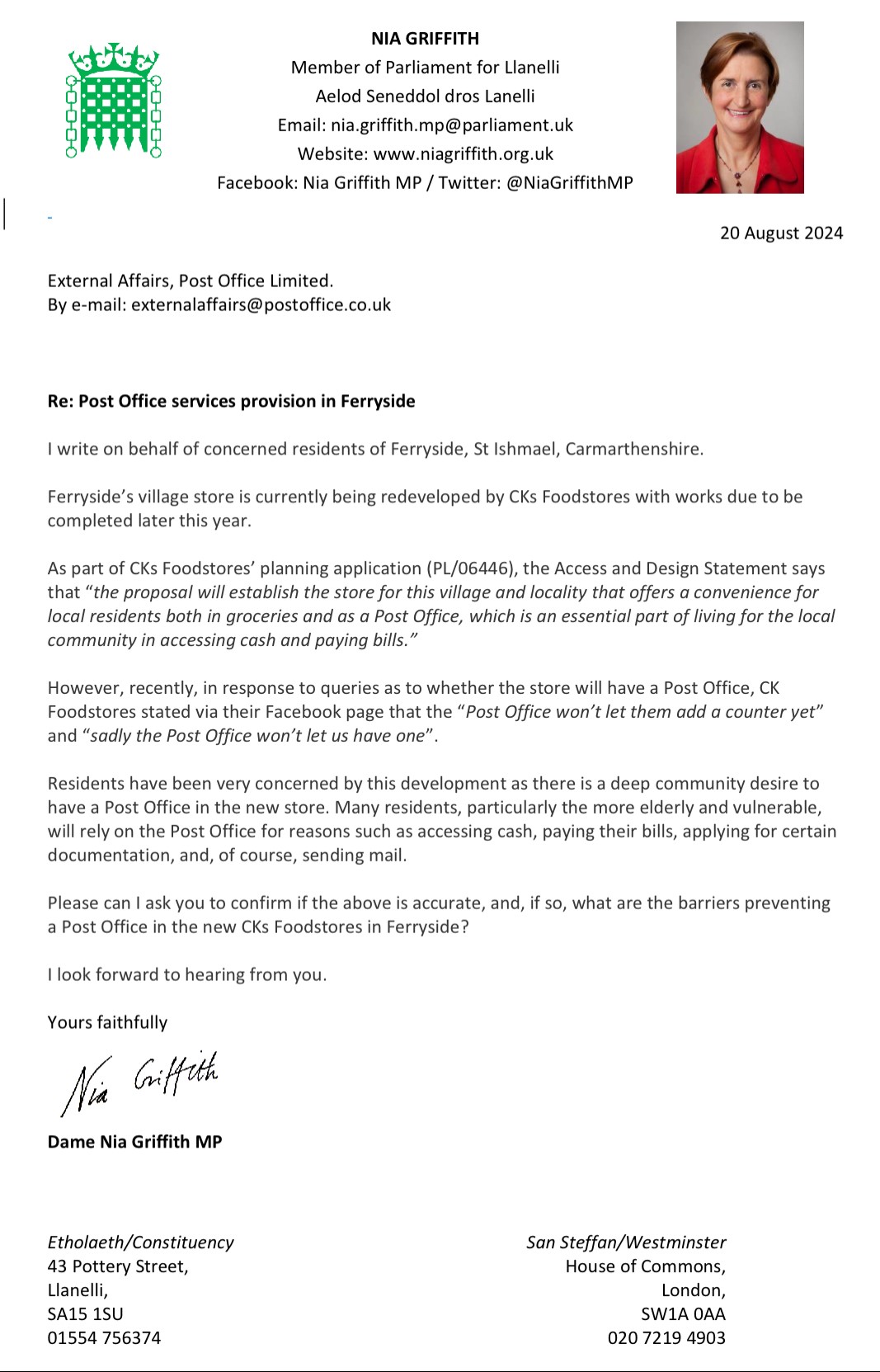 Post office provision in Ferryside – Nia Griffith MP